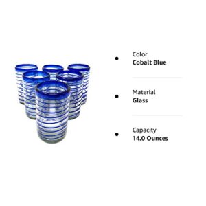 Hand Blown Mexican Drinking Glasses – Set of 6 Glasses with Cobalt Blue Spiral Design (14 oz each)