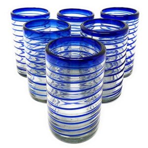 Hand Blown Mexican Drinking Glasses – Set of 6 Glasses with Cobalt Blue Spiral Design (14 oz each)