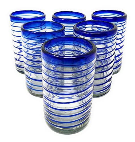 Hand Blown Mexican Drinking Glasses – Set of 6 Glasses with Cobalt Blue Spiral Design (14 oz each)