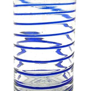 Hand Blown Mexican Drinking Glasses – Set of 6 Glasses with Cobalt Blue Spiral Design (14 oz each)