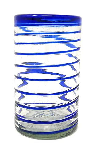 Hand Blown Mexican Drinking Glasses – Set of 6 Glasses with Cobalt Blue Spiral Design (14 oz each)