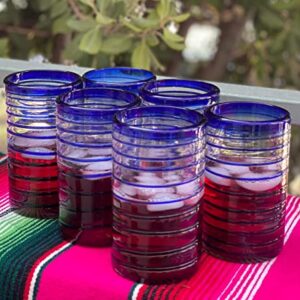 Hand Blown Mexican Drinking Glasses – Set of 6 Glasses with Cobalt Blue Spiral Design (14 oz each)