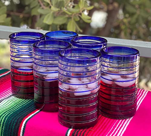 Hand Blown Mexican Drinking Glasses – Set of 6 Glasses with Cobalt Blue Spiral Design (14 oz each)