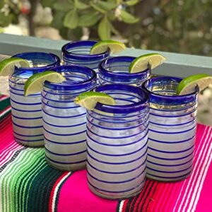 Hand Blown Mexican Drinking Glasses – Set of 6 Glasses with Cobalt Blue Spiral Design (14 oz each)