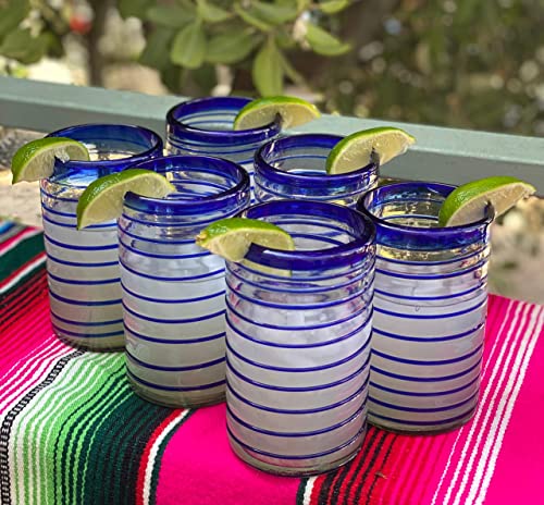 Hand Blown Mexican Drinking Glasses – Set of 6 Glasses with Cobalt Blue Spiral Design (14 oz each)