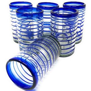 Hand Blown Mexican Drinking Glasses – Set of 6 Glasses with Cobalt Blue Spiral Design (14 oz each)