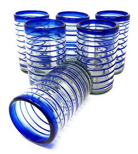 Hand Blown Mexican Drinking Glasses – Set of 6 Glasses with Cobalt Blue Spiral Design (14 oz each)