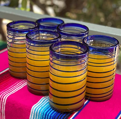 Hand Blown Mexican Drinking Glasses – Set of 6 Glasses with Cobalt Blue Spiral Design (14 oz each)