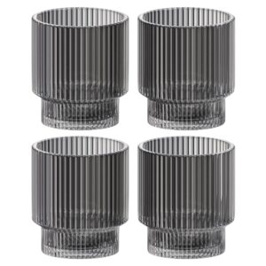 american atelier vintage art deco fluted drinking glasses, set of 4 modern kitchen glassware set | old fashion tumbler for cocktails and water | ribbed lowball glass cup for whiskey (smoke grey)