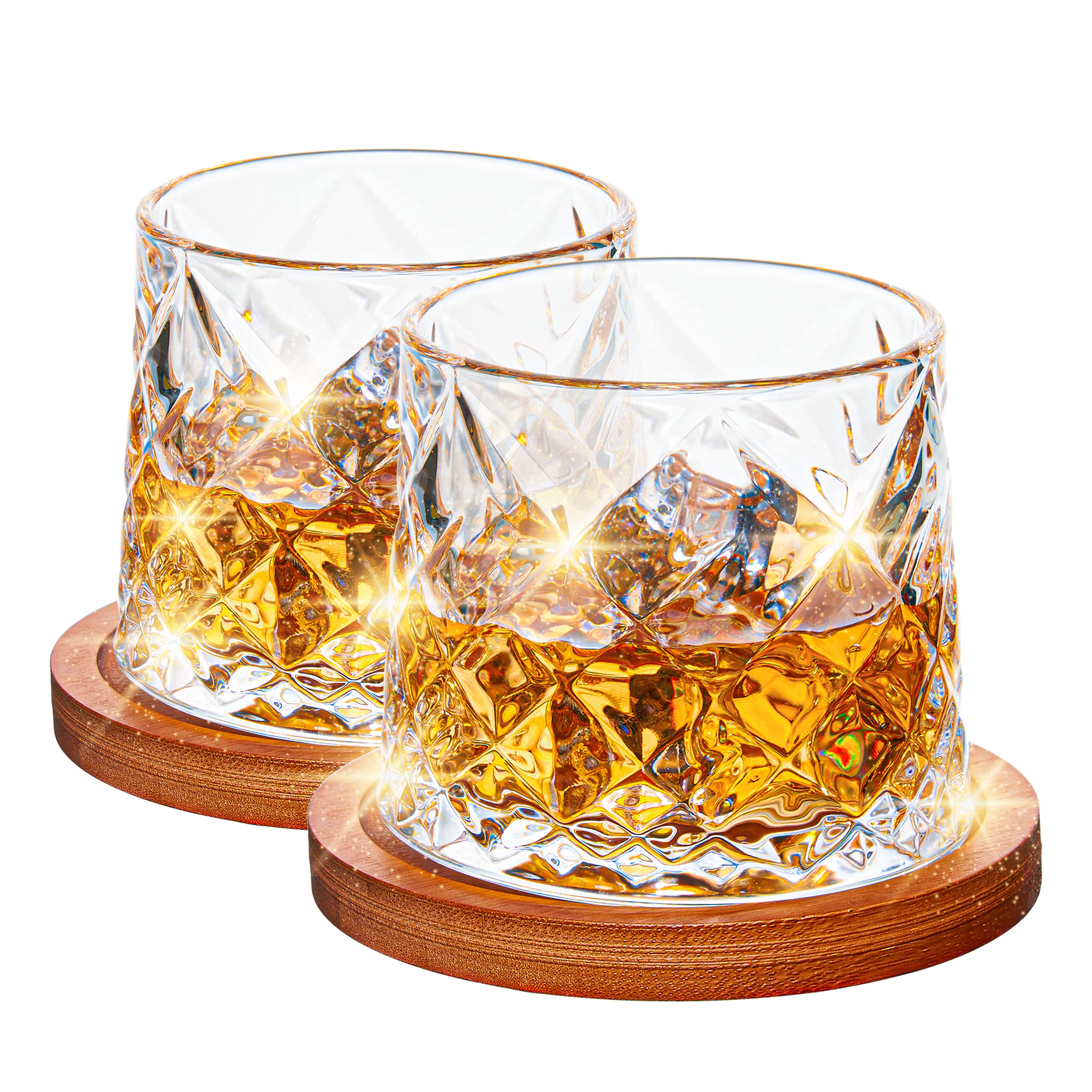 ACHEER Large Spinning Crystal Whiskey Glasses set of 2-10 Oz, Rotatable Old Fashioned Glasses, Tumbler Rocks Bar Glasses, with Bamboo Coasters, Gift BOX, Perfect present for any Occasion