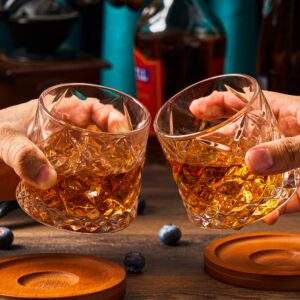 ACHEER Large Spinning Crystal Whiskey Glasses set of 2-10 Oz, Rotatable Old Fashioned Glasses, Tumbler Rocks Bar Glasses, with Bamboo Coasters, Gift BOX, Perfect present for any Occasion