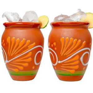 Cantaritos de Barro Mexicanos - Set of 2 Authentic Mexican Glazed Clay Mugs 14 oz - Jarritos de Barro Mexicanos - Clay Cups Tazas de Barro - Vasos de Barro for Drink Tequila (Clay Orange Decor)