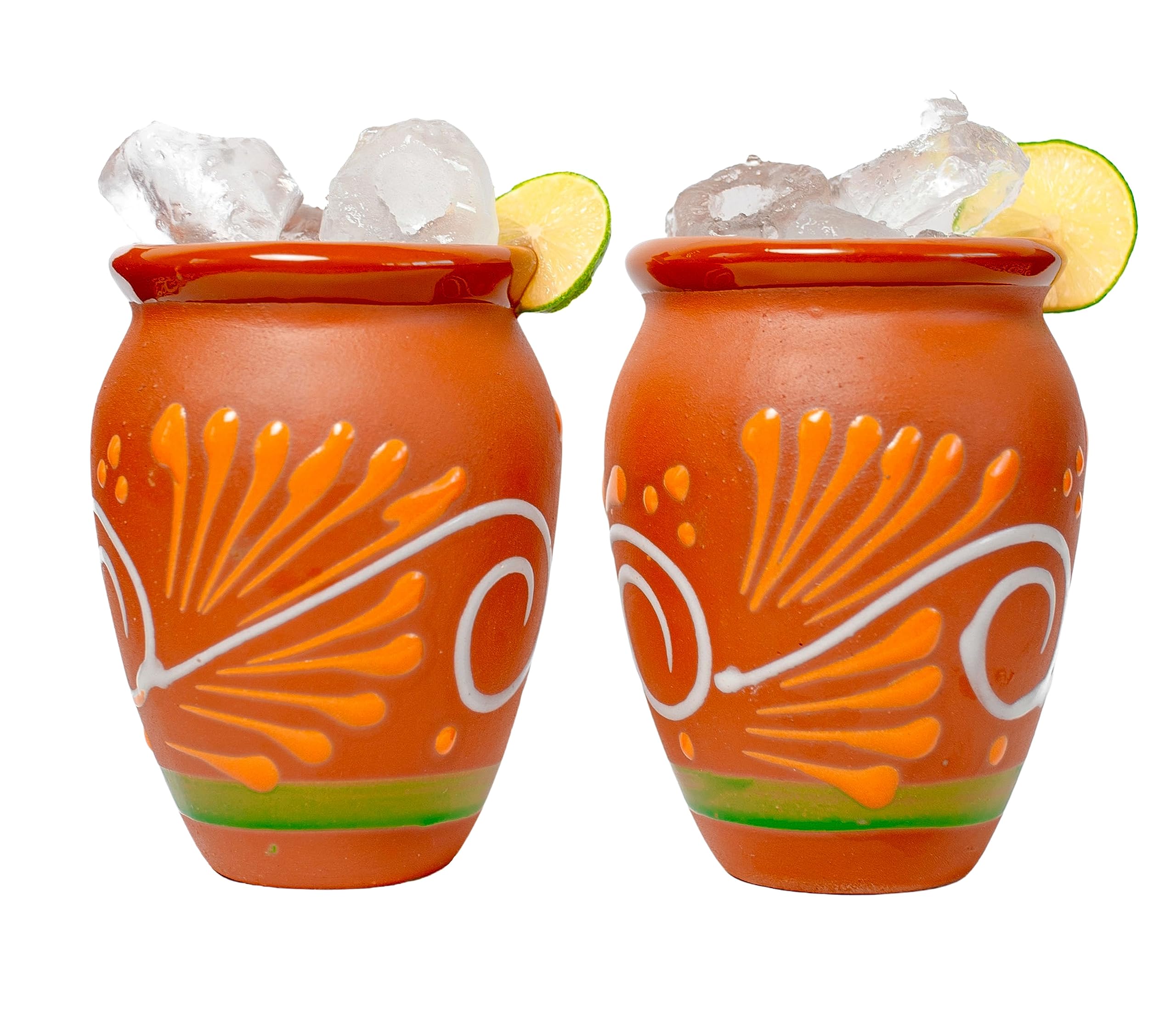 Cantaritos de Barro Mexicanos - Set of 2 Authentic Mexican Glazed Clay Mugs 14 oz - Jarritos de Barro Mexicanos - Clay Cups Tazas de Barro - Vasos de Barro for Drink Tequila (Clay Orange Decor)