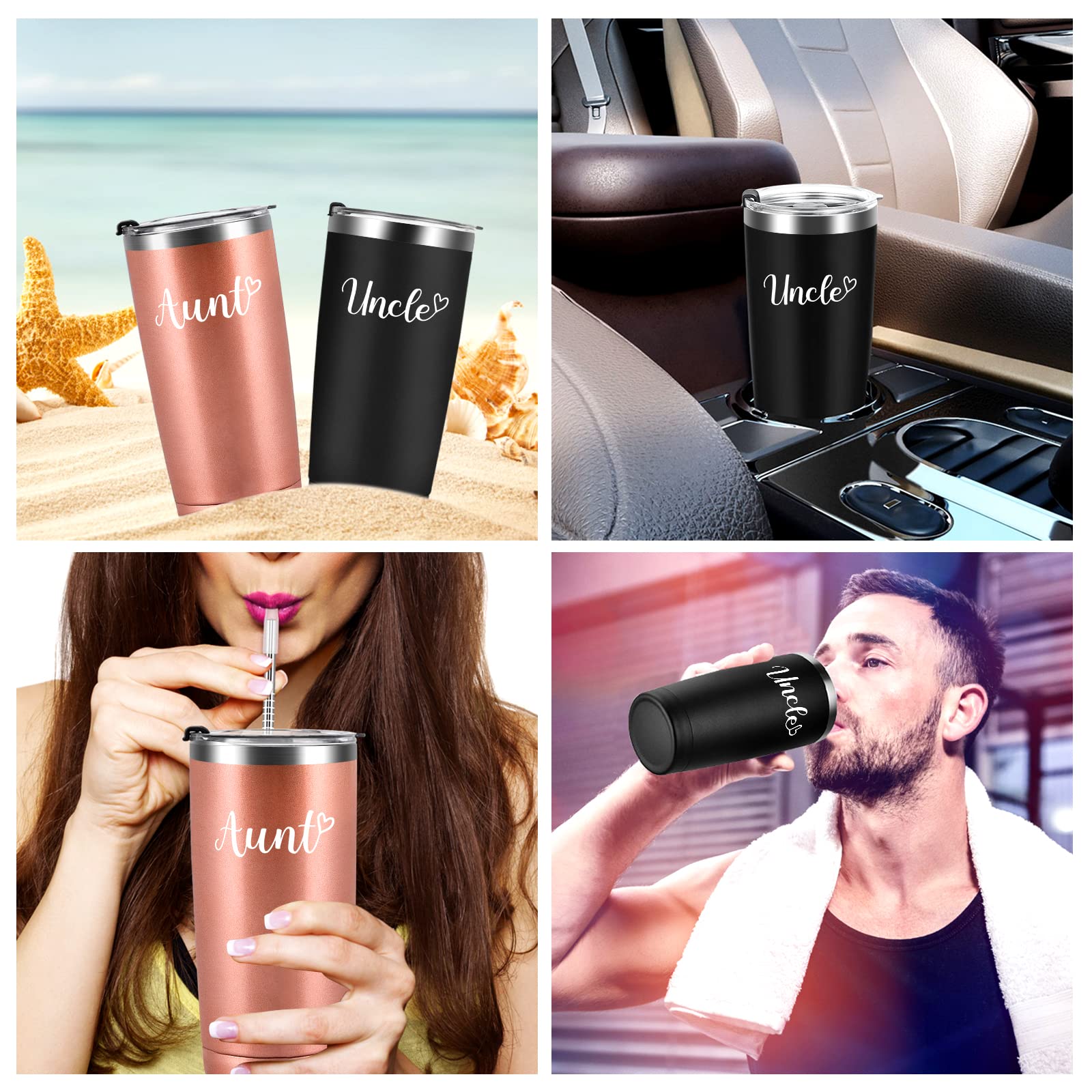 Gtmileo Aunt Uncle Gifts, Aunt and Uncle Stainless Steel Insulated Travel Tumbler Set of 2, Mothers Day Fathers Day Christmas Birthday Gifts for Aunt Uncle from Niece and Nephew(20oz, Rose Gold&Black)