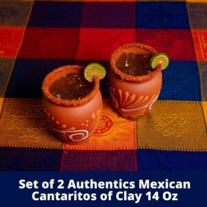 Cantaritos de Barro Mexicanos - Set of 2 Authentic Mexican Glazed Clay Mugs 14 oz - Jarritos de Barro Mexicanos - Clay Cups Tazas de Barro - Vasos de Barro for Drink Tequila (Clay Orange Decor)