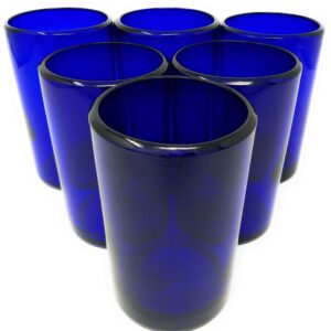 Hand Blown Mexican Drinking Glasses – Set of 6 Cobalt Water Glasses (14 oz each)