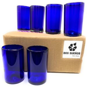 Hand Blown Mexican Drinking Glasses – Set of 6 Cobalt Water Glasses (14 oz each)