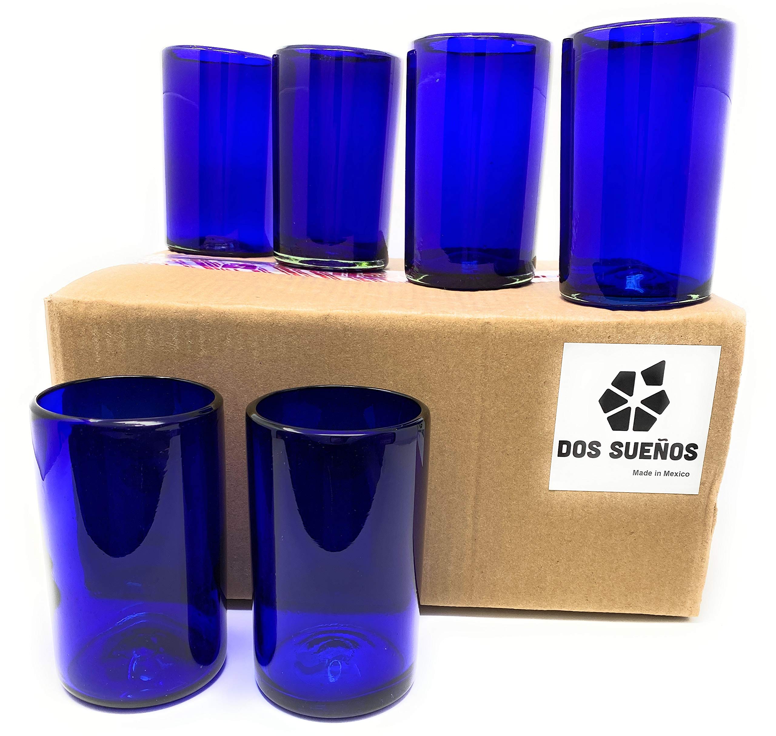 Hand Blown Mexican Drinking Glasses – Set of 6 Cobalt Water Glasses (14 oz each)