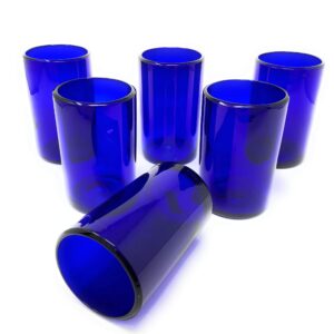 Hand Blown Mexican Drinking Glasses – Set of 6 Cobalt Water Glasses (14 oz each)