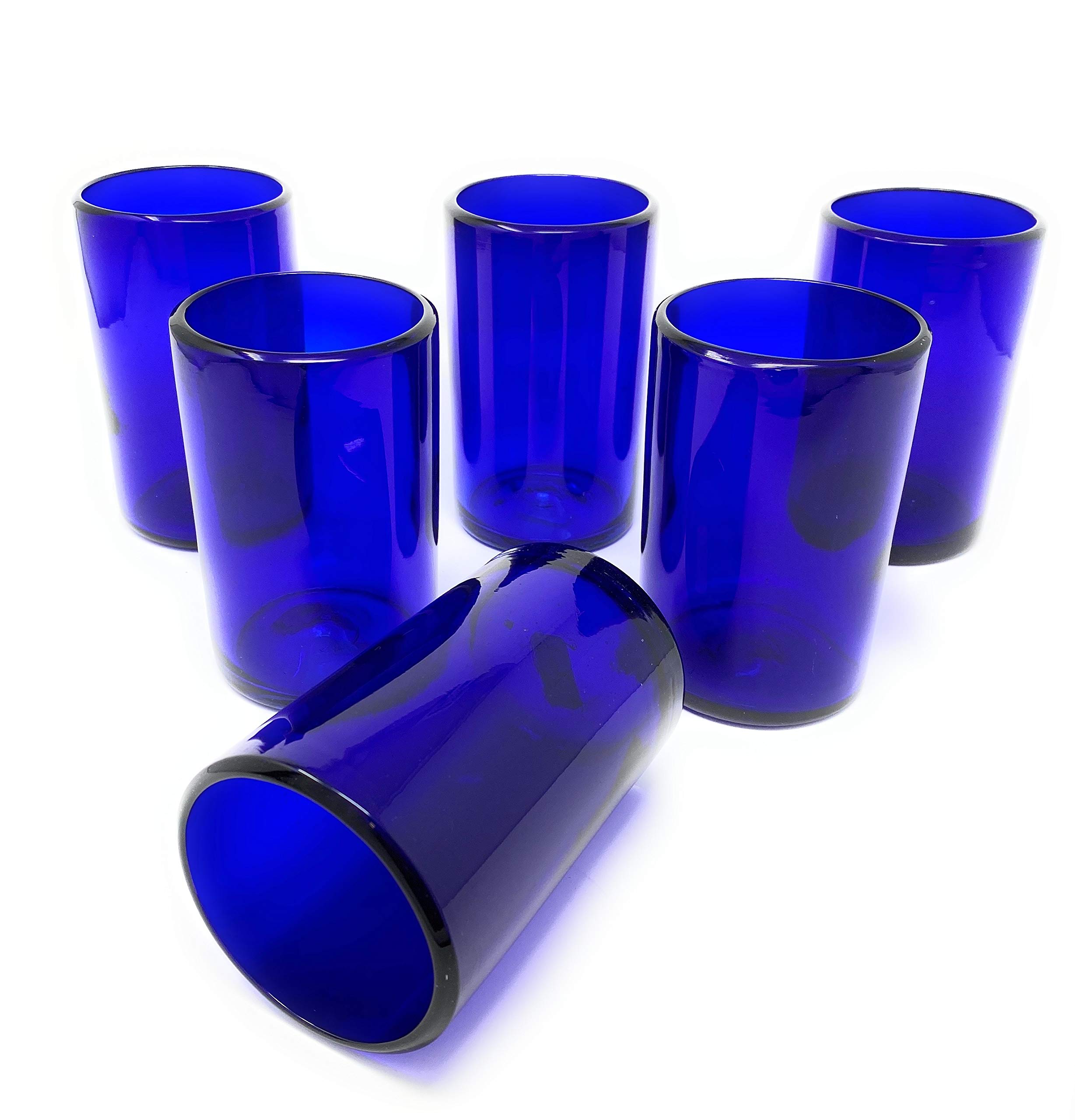 Hand Blown Mexican Drinking Glasses – Set of 6 Cobalt Water Glasses (14 oz each)