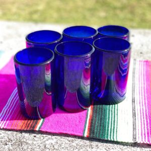 Hand Blown Mexican Drinking Glasses – Set of 6 Cobalt Water Glasses (14 oz each)