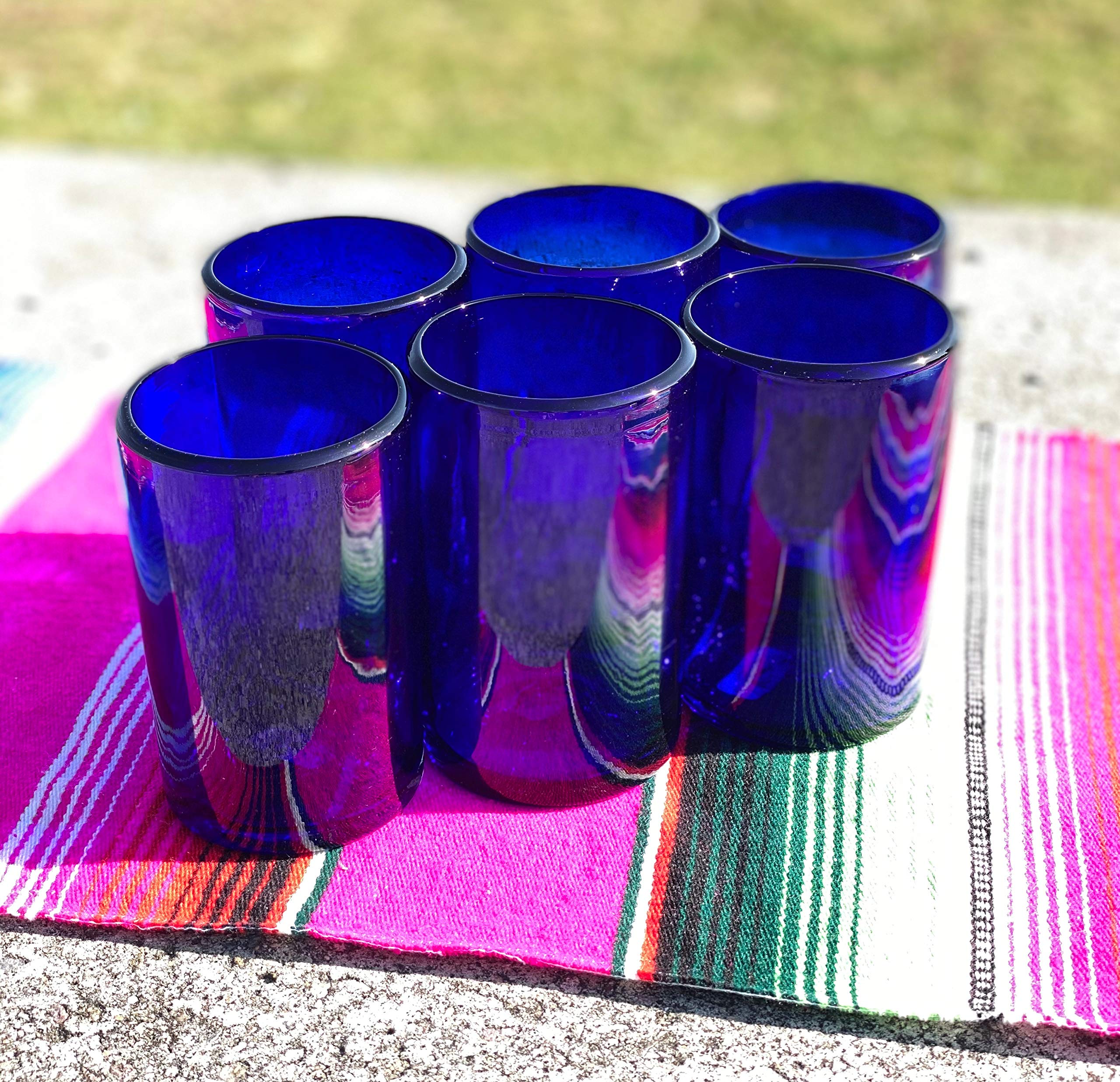 Hand Blown Mexican Drinking Glasses – Set of 6 Cobalt Water Glasses (14 oz each)