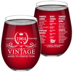 60th birthday gifts for women men - vintage 1964 limited edition stemless wine glass 15 oz- 60 year old women gifts -60th birthday gift and home use - 60 year old birthday party decorations - 1 pack