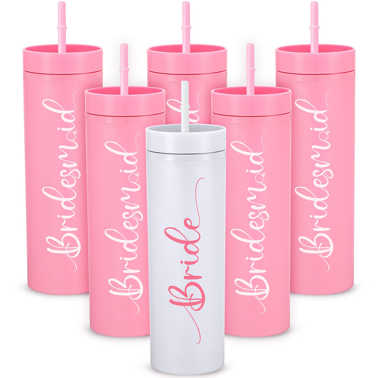 Gerrii 6 Sets Bridesmaid Proposal Gifts 15 oz Plastic Bridesmaid Cups Pink Bridesmaids Tumbler with Lids and Straws Water Bottle for Engagement Wedding Bridal Bachelorette Party