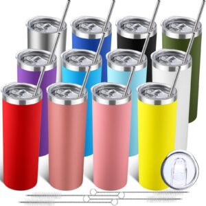 12 packs stainless steel skinny tumblers with lids and straws 20 oz double wall vacuum insulated tumbler cup graduation teacher nurse gifts mug with cleaning brush cold hot drinks (multicolored)