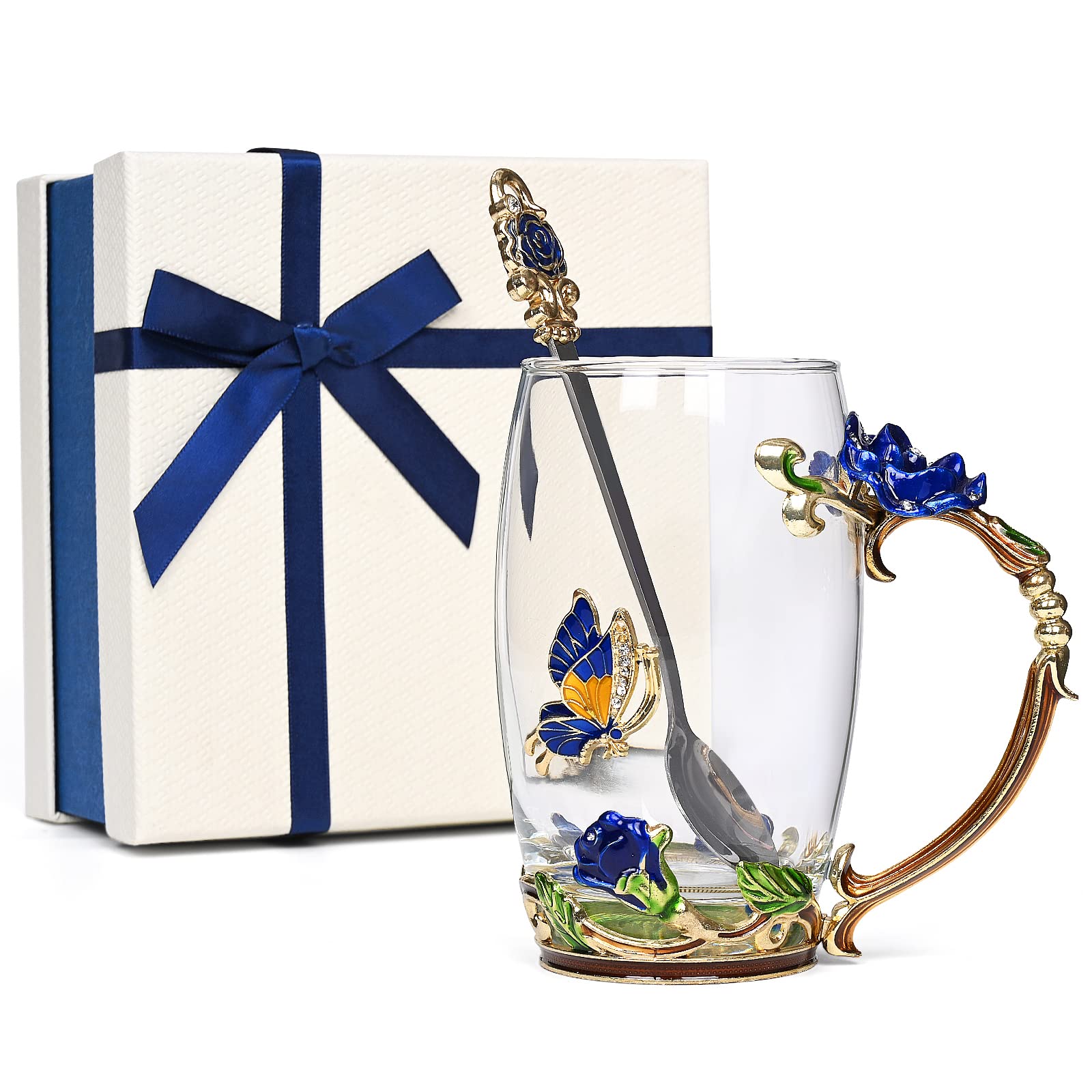 YHRJWN - Gifts for Women, Enamel Flower Butterfly Tea Cup, Tea Mugs for Women Mom Friends Sister, Mothers Day Birthday Christmas Valentines Day Gifts for Women Her 12 Oz with Spoon Gift Box(Blue Rose)