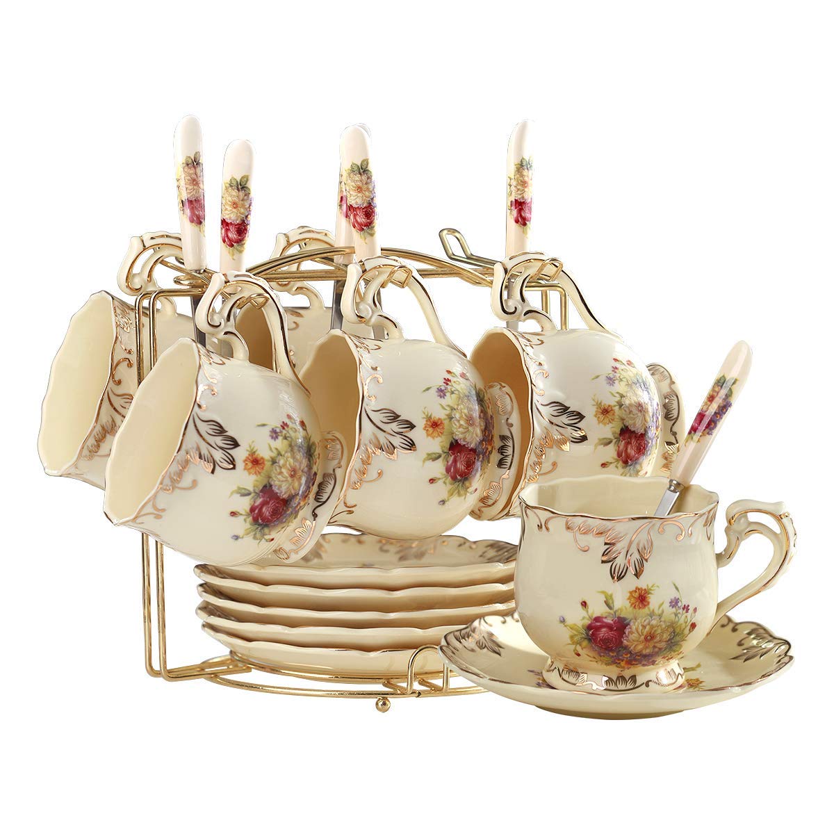 YOLIFE Flowering Shrubs Tea Cups and Saucers Set of 6, Tea Set, Ivory Ceramic Floral Tea Cups Set with Golden Rack, Coffee Cups Set, 8 oz