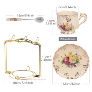 YOLIFE Flowering Shrubs Tea Cups and Saucers Set of 6, Tea Set, Ivory Ceramic Floral Tea Cups Set with Golden Rack, Coffee Cups Set, 8 oz