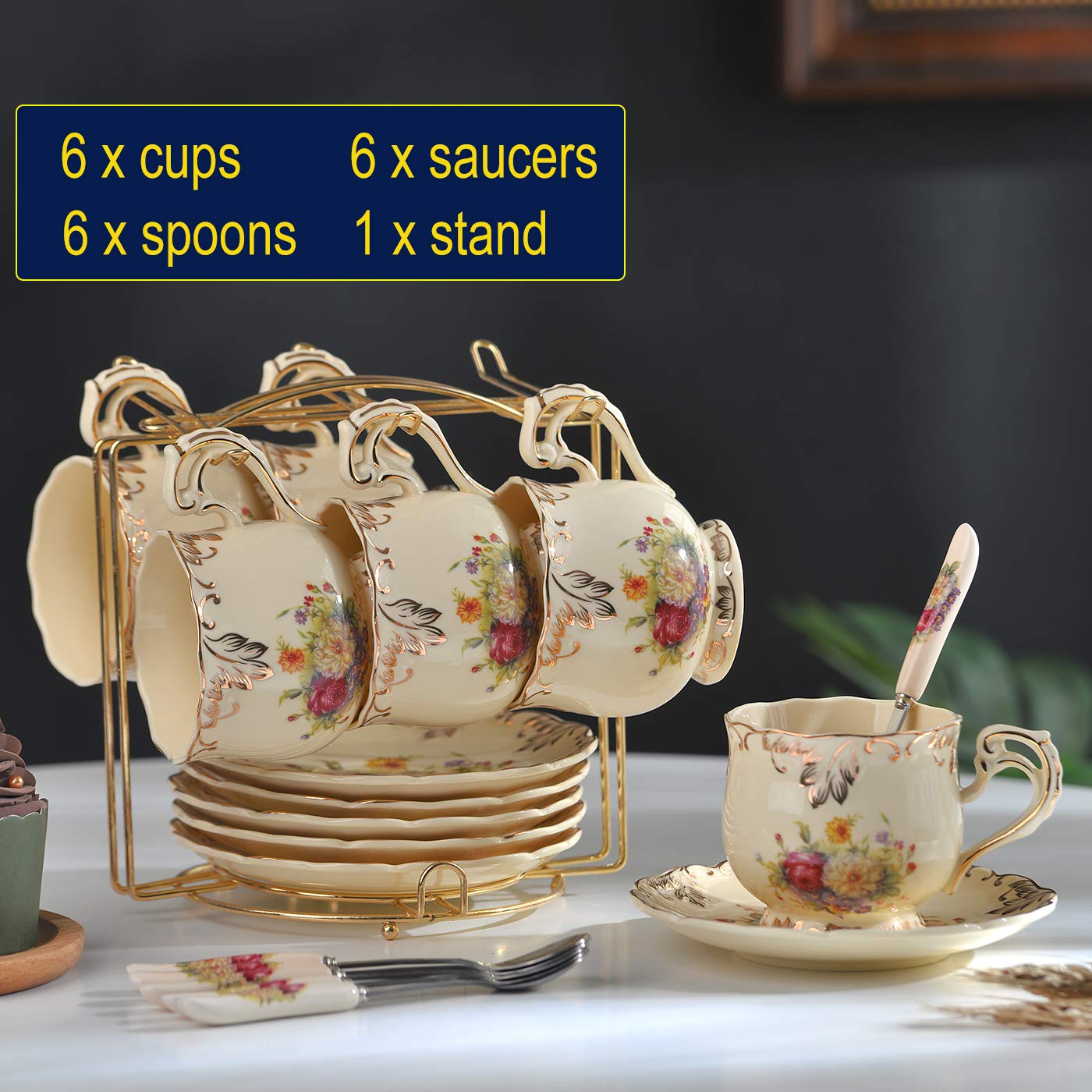 YOLIFE Flowering Shrubs Tea Cups and Saucers Set of 6, Tea Set, Ivory Ceramic Floral Tea Cups Set with Golden Rack, Coffee Cups Set, 8 oz