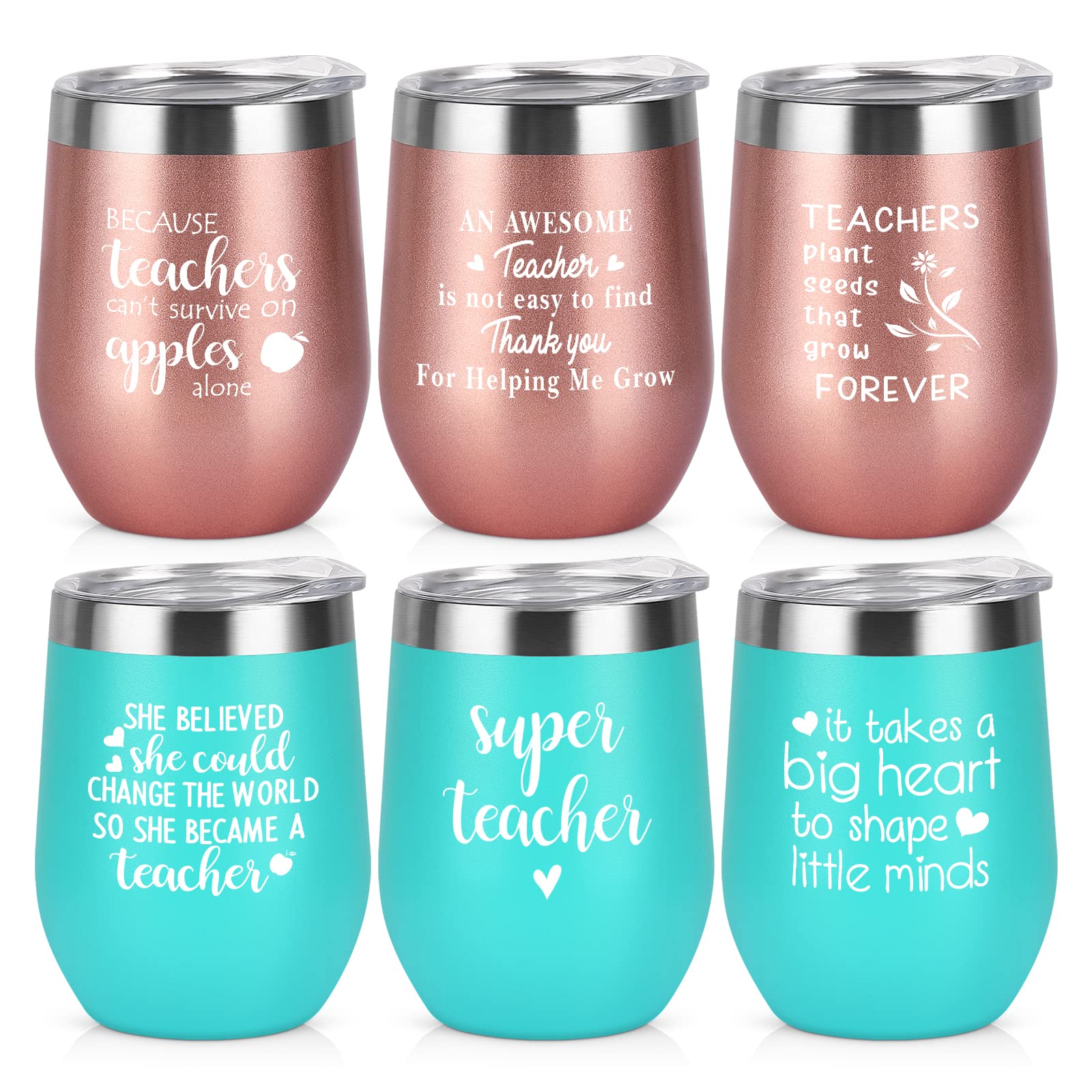 GINGPROUS 6 Pack Teacher Appreciation Gifts for Teachers, Thank You Gifts for Preschool Elementary Daycare Teacher, Teachers Day Gifts Christmas Gifts, 12oz Insulated Wine Tumbler, Rose Gold & Mint