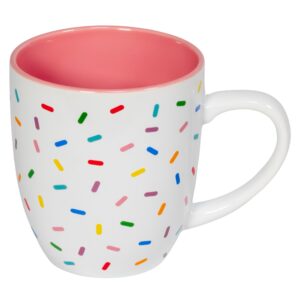 yummy sprinkles mug | pink mug | rainbow sprinkles coffee mug | birthday cake mug | large, fun, coffee mug with green, yellow, red, pink, blue art | rose pink