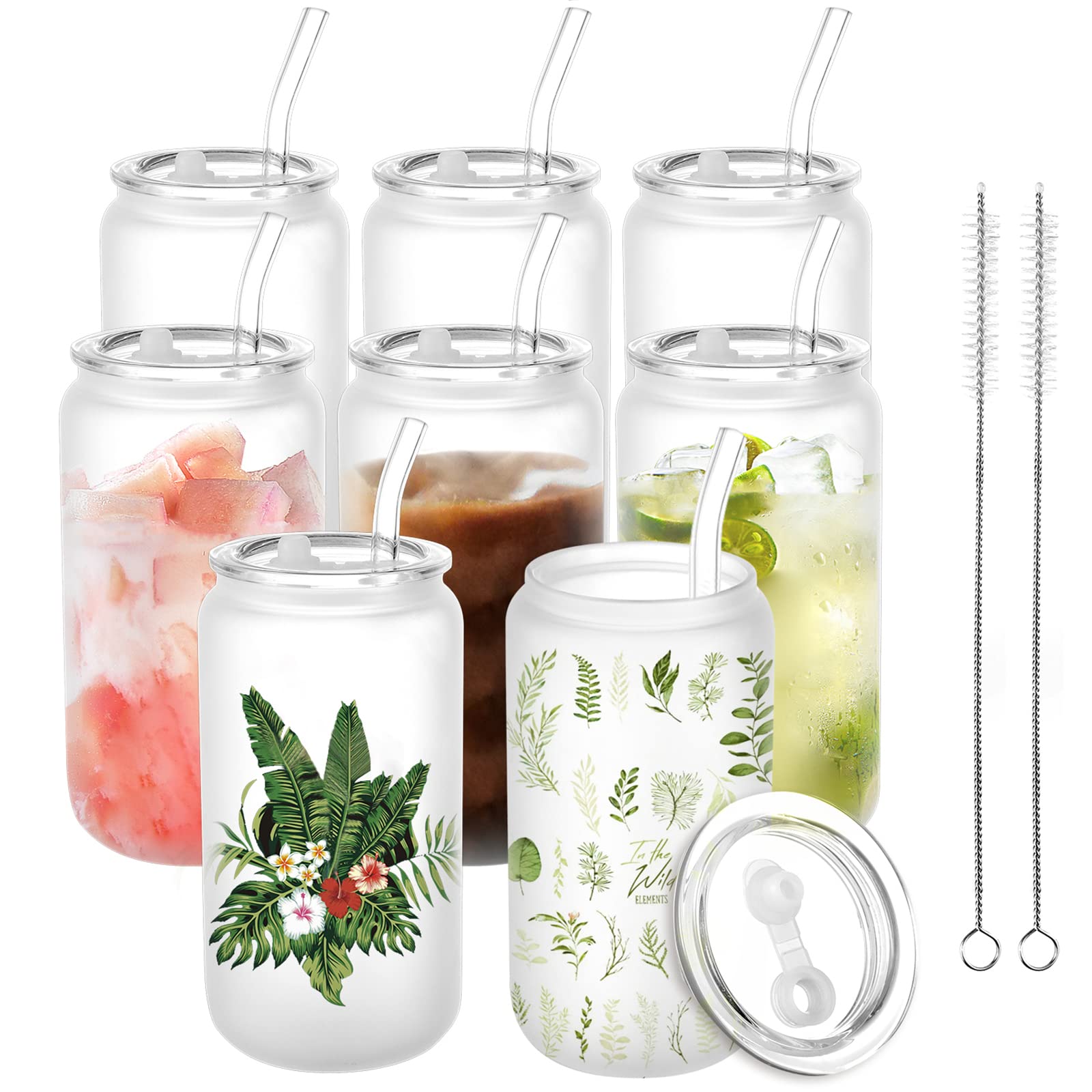 JMScape Sublimation Glass Cans Blanks with Plastic Lids and Straws 8pcs Set - 16oz Frosted Glass Cups, Sublimation Beer Can Glass Tumblers for Iced Coffee Juice Soda Drinks