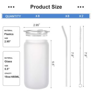 JMScape Sublimation Glass Cans Blanks with Plastic Lids and Straws 8pcs Set - 16oz Frosted Glass Cups, Sublimation Beer Can Glass Tumblers for Iced Coffee Juice Soda Drinks