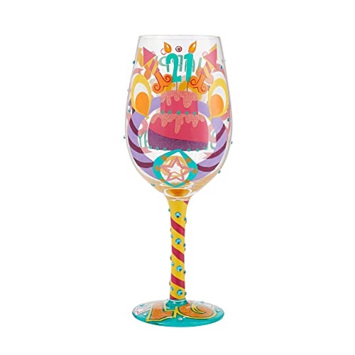 Enesco Designs by Lolita Happy 21st Birthday Hand-Painted Artisan Wine Glass, 1 Count (Pack of 1), Multicolor