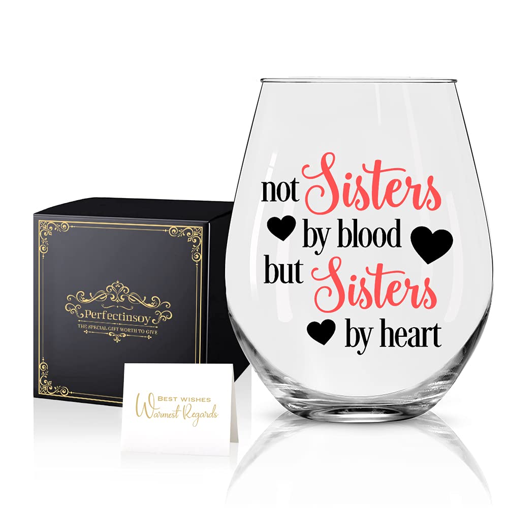 Perfectinsoy Not Sister By Blood But Sister By Heart Wine Glass with Gift Box, Funny Friend Gifts for Women, Soul Sister Gifts, Sister in Law Gifts, Funny Birthday Gifts Ideas for Women