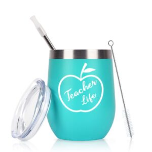 teacher gifts, teacher life wine tumbler with lid, teacher appreciation christmas birthday gifts for women teachers professors coworker, insulated stainless steel stemless wine tumbler (12 oz, mint)