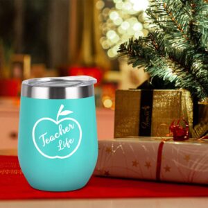 Teacher Gifts, Teacher Life Wine Tumbler with Lid, Teacher Appreciation Christmas Birthday Gifts for Women Teachers Professors Coworker, Insulated Stainless Steel Stemless Wine Tumbler (12 Oz, Mint)