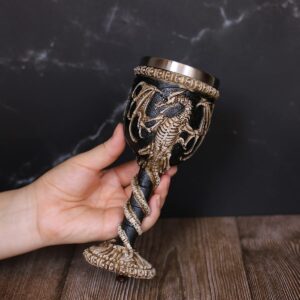 OTARTU Stainless Steel Medieval Dragon Chalice Goblet, Gothic Dragon Skeleton Ossuary Wine Cups 7oz.