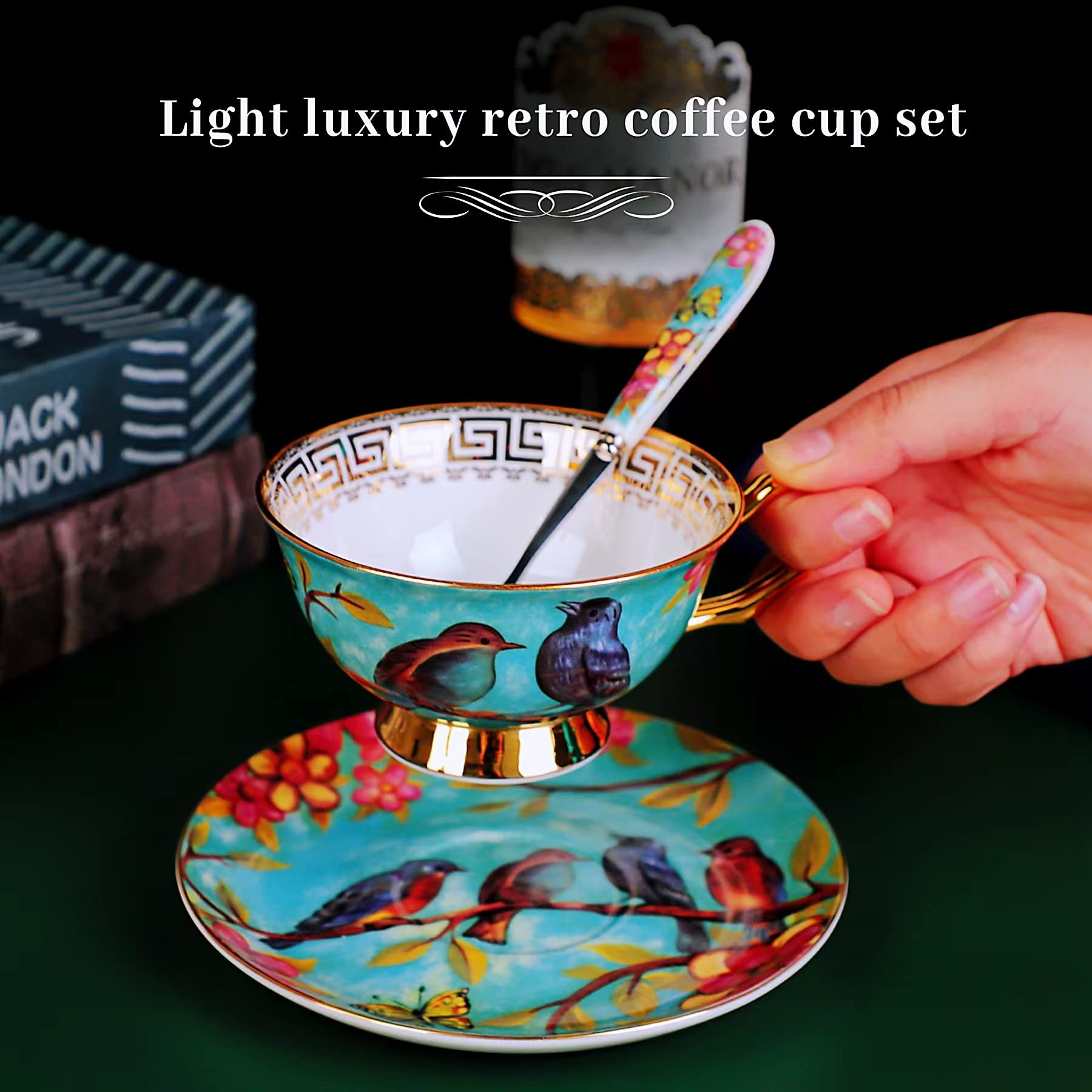 Moritic vintage art bone china exquisite coffee cup with spoon and European style tea cup and saucer set suitable for all kinds of leisure (blue, 1)