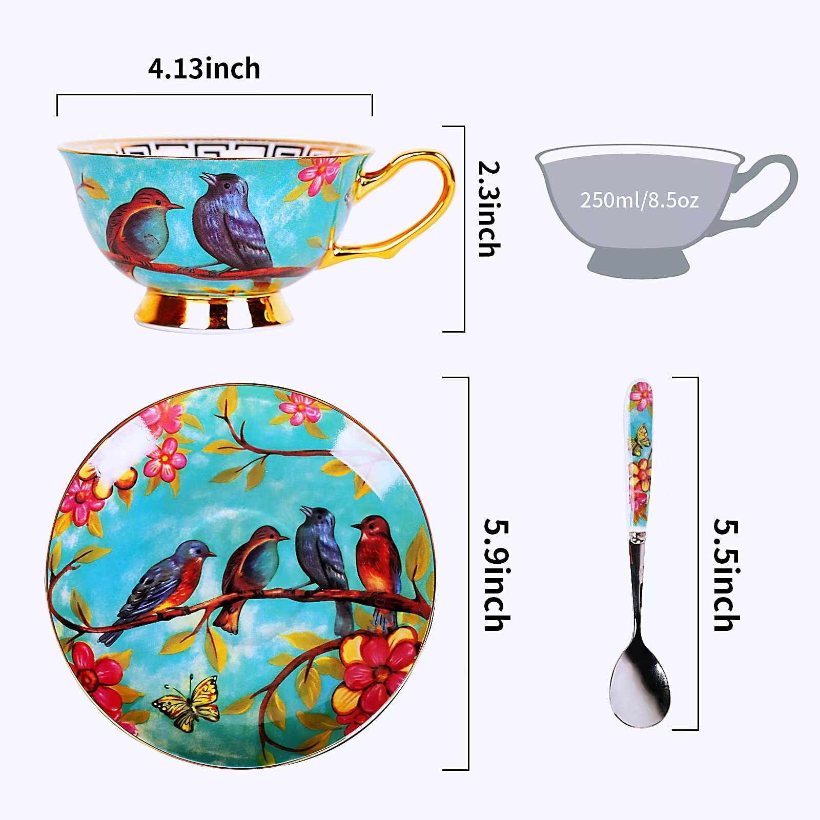 Moritic vintage art bone china exquisite coffee cup with spoon and European style tea cup and saucer set suitable for all kinds of leisure (blue, 1)