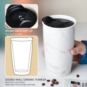 ANTIS'S HOME Ceramic Coffee Mug with Lid, Marble Double Wall Coffee Travel Mug Ceramic Tumbler 12 oz, Reusable Tall Cup, Splash Resistant Lid, Dishwasher Microwaveable Safe