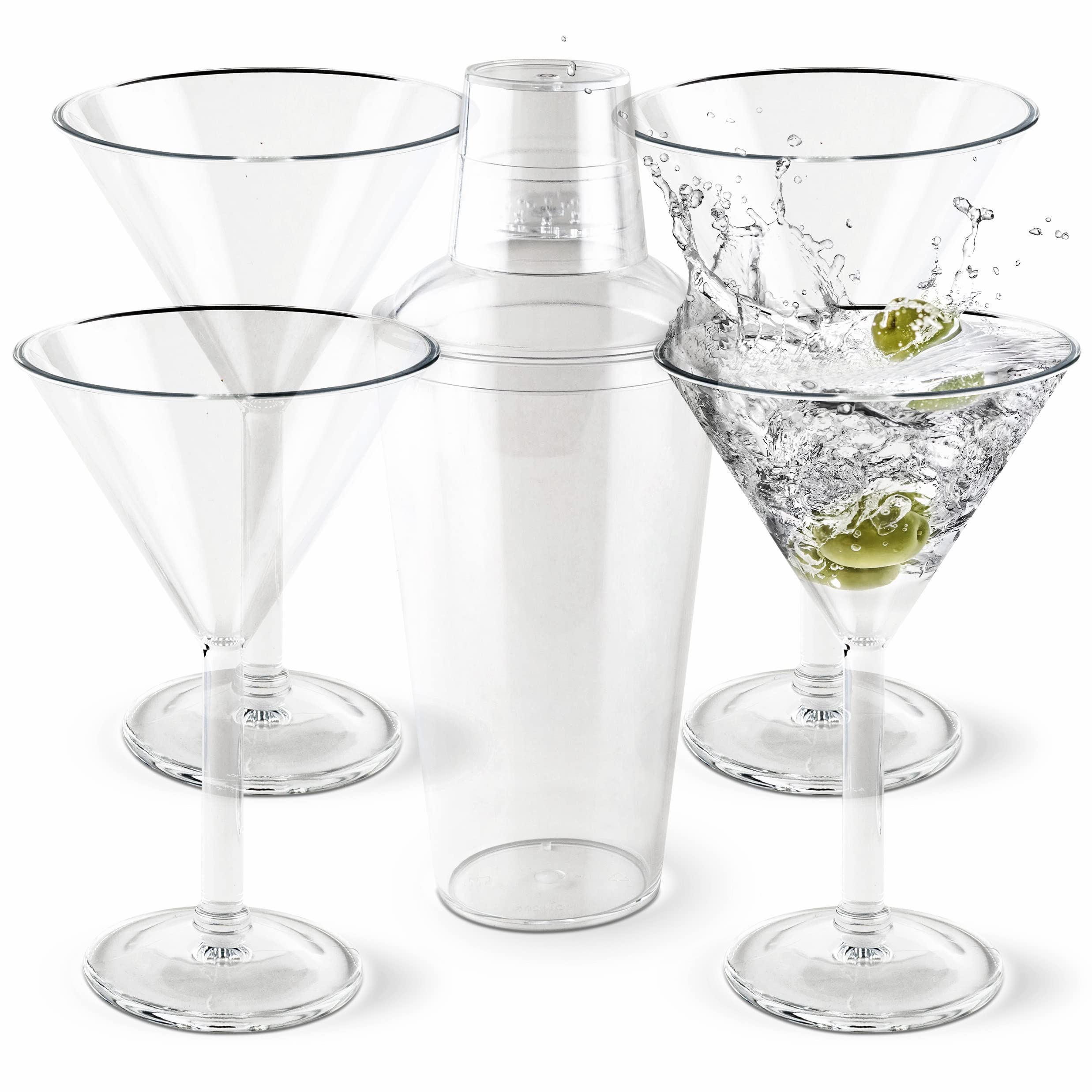 Supply Buys Acrylic Martini Glasses and Shaker Set – 10 Ounce Shatter-Proof Plastic Martini Glasses Set of 4 with 28 oz Acrylic Cocktail Shaker, Glassware for Home bar, Poolside, Outdoor, Glamping