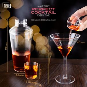 Supply Buys Acrylic Martini Glasses and Shaker Set – 10 Ounce Shatter-Proof Plastic Martini Glasses Set of 4 with 28 oz Acrylic Cocktail Shaker, Glassware for Home bar, Poolside, Outdoor, Glamping