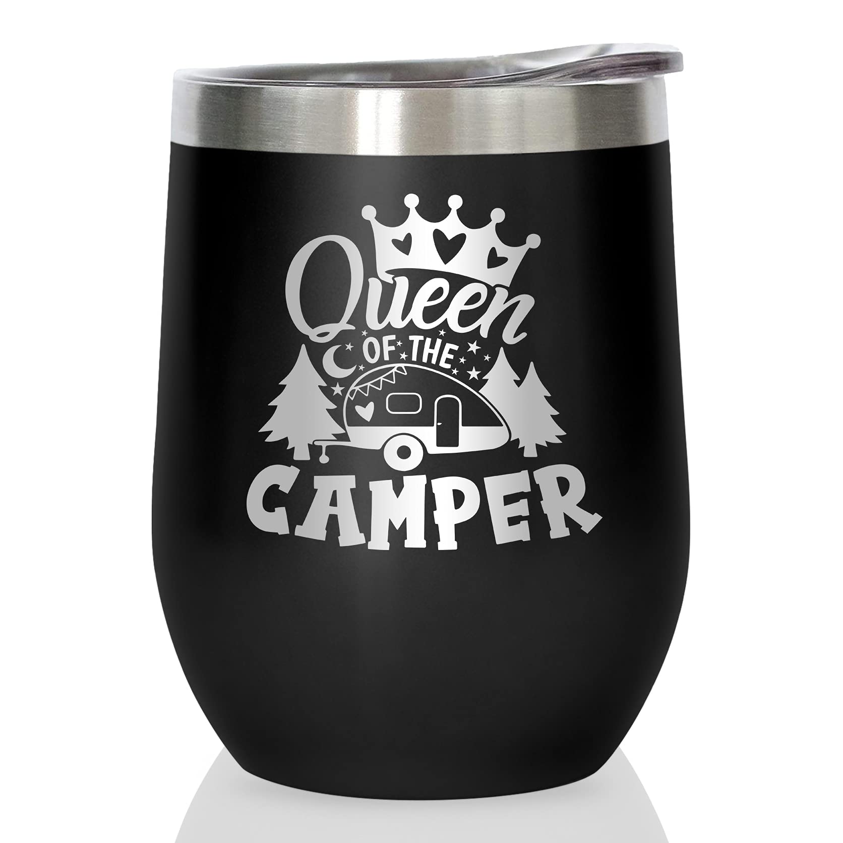 Joyloce Queen Of The Camper Wine Tumbler Coffee Mug Cup Wine Glass Stemless Tumblers With Lid Stainless Steel Insulated Vacuum RV Gifts For Women Camping Travel Outdoors 12 Oz