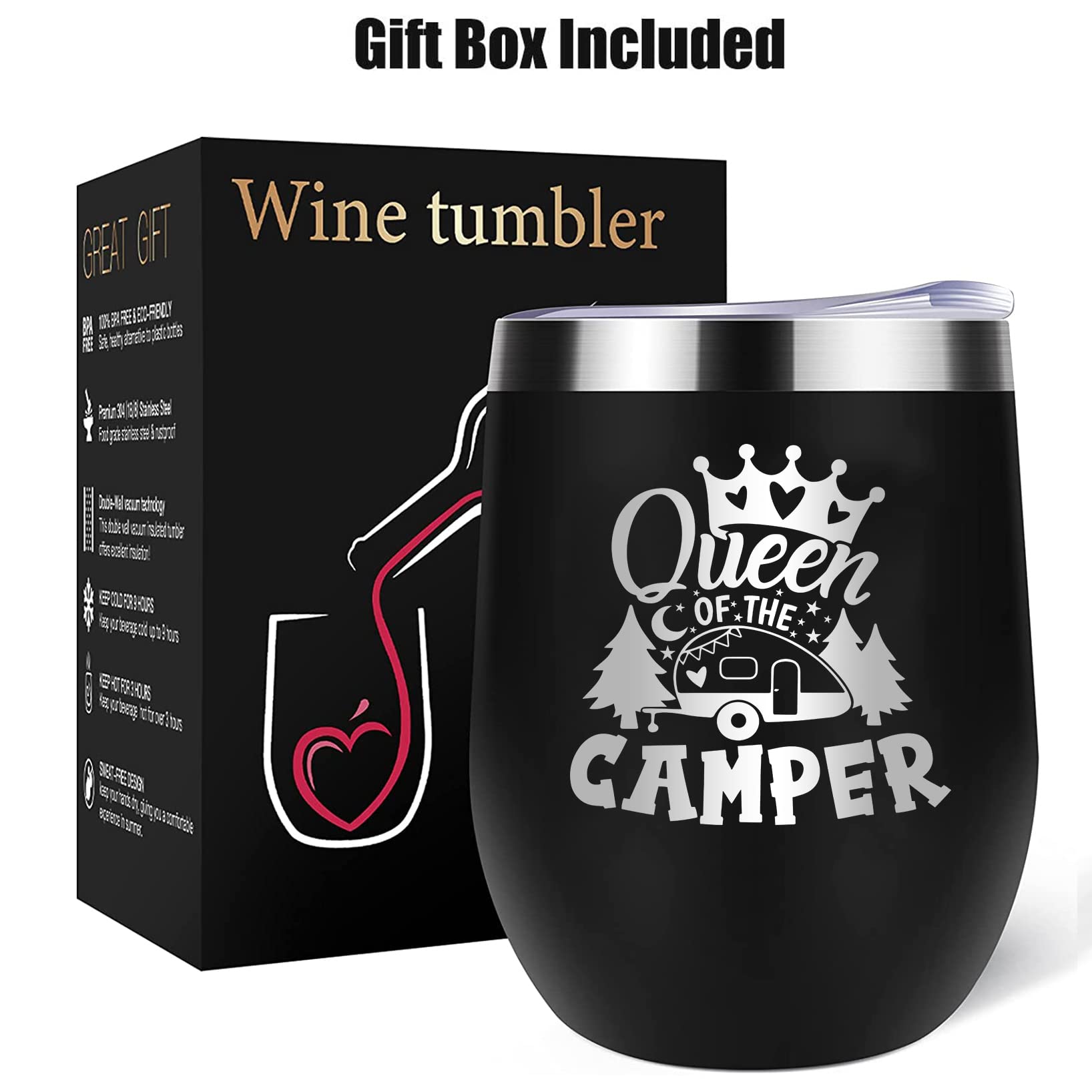 Joyloce Queen Of The Camper Wine Tumbler Coffee Mug Cup Wine Glass Stemless Tumblers With Lid Stainless Steel Insulated Vacuum RV Gifts For Women Camping Travel Outdoors 12 Oz