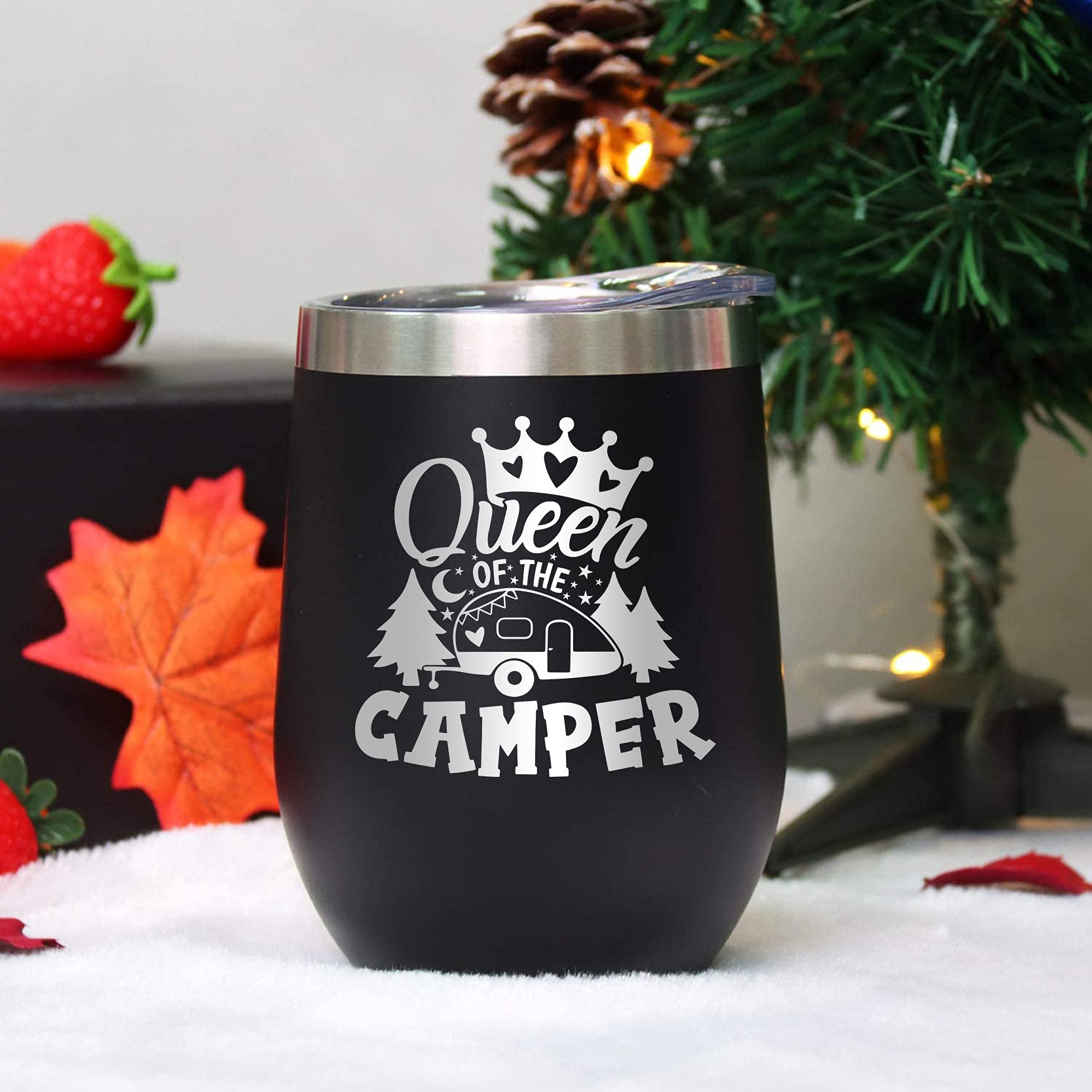 Joyloce Queen Of The Camper Wine Tumbler Coffee Mug Cup Wine Glass Stemless Tumblers With Lid Stainless Steel Insulated Vacuum RV Gifts For Women Camping Travel Outdoors 12 Oz